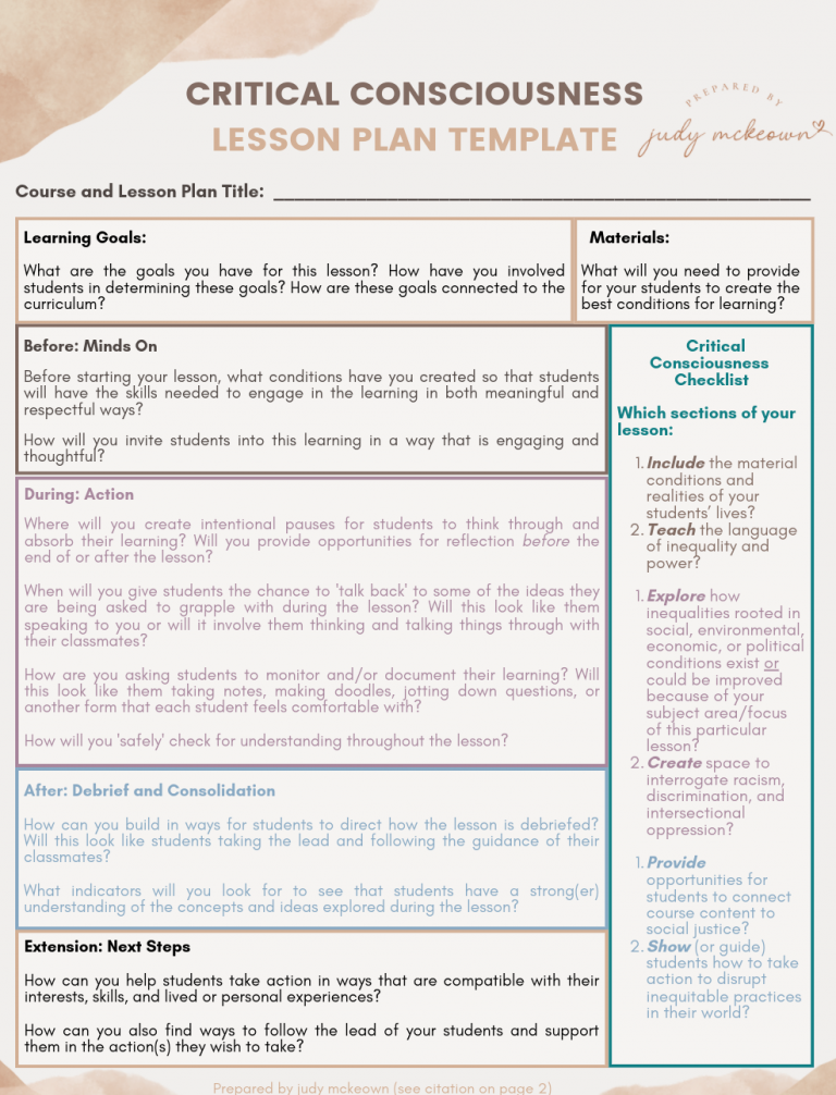 Critical Consciousness Lesson Plan Template